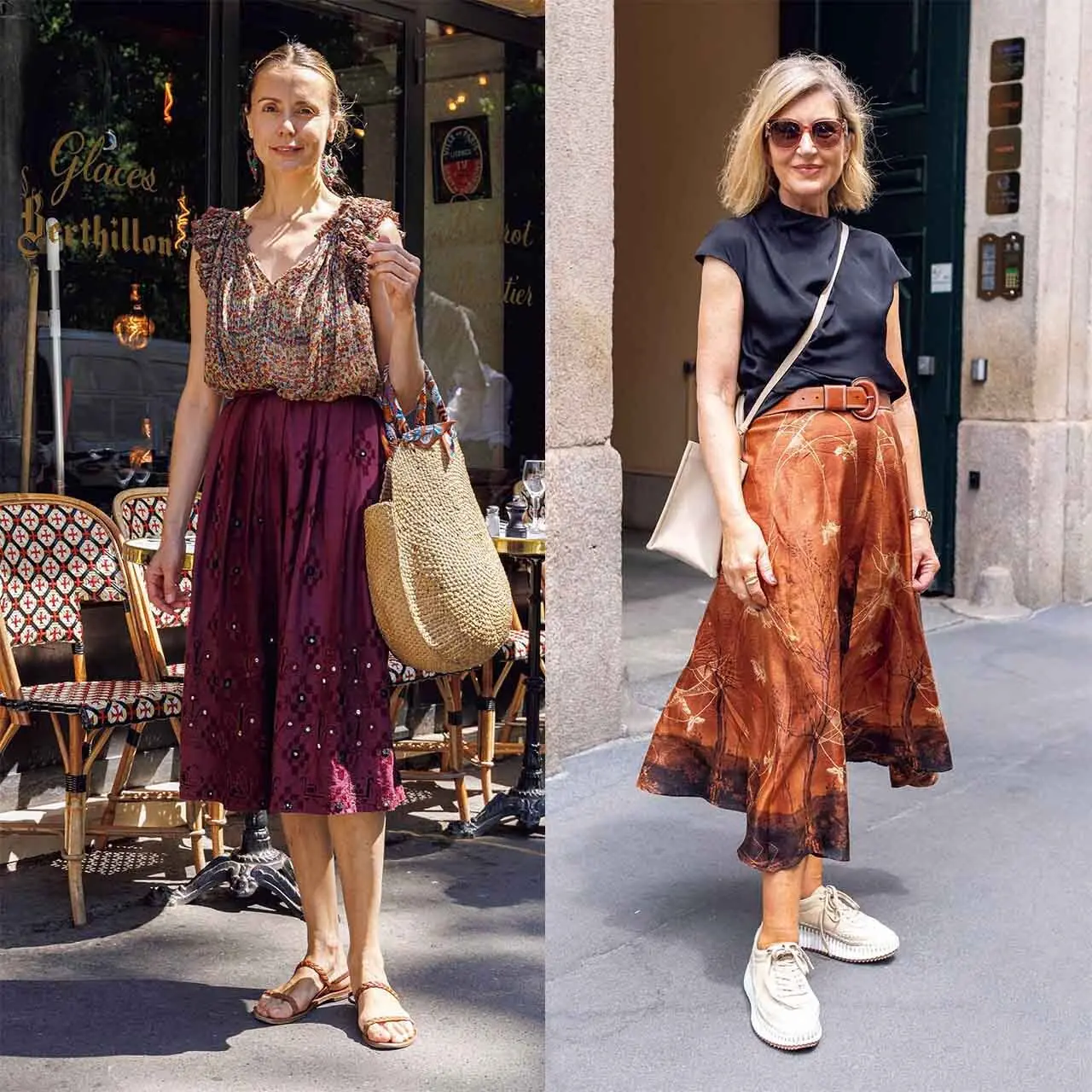 夏のおしゃれに個性をプラス！柄ものを取り入れたスカートコーデ【パリ・ミラノのおしゃれSNAP】 | Web eclat | 50代女性のためのファッション、ビューティ、ライフスタイル最新情報